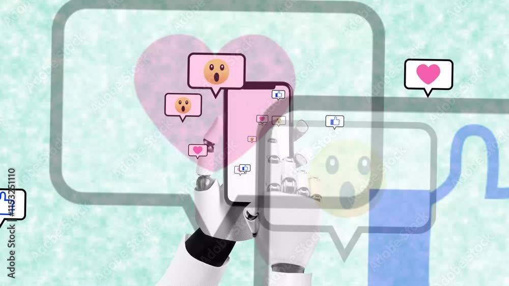 Funny animation of robotic hands holding smart phone with social media ...