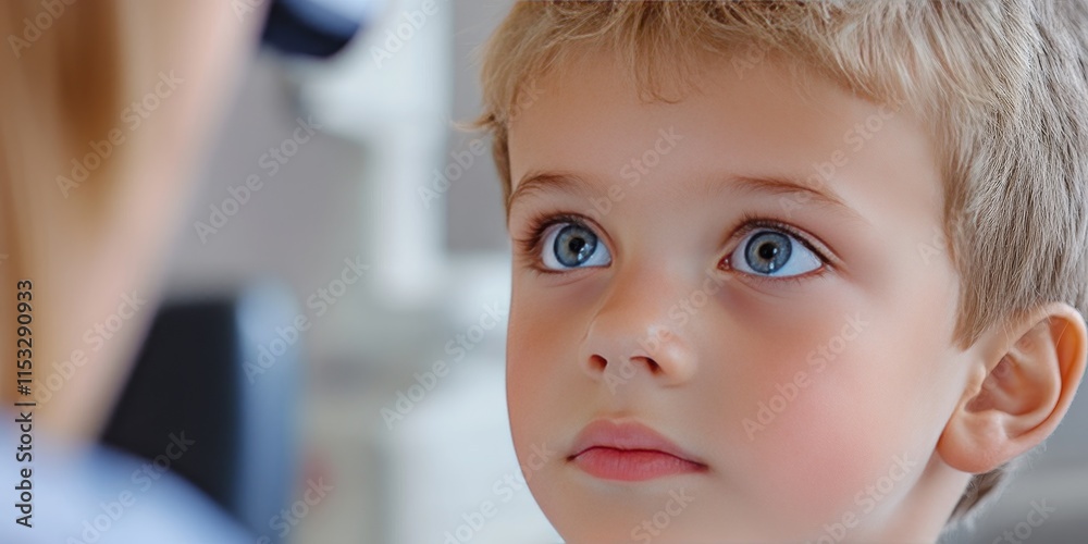 Boy at an eye doctor s appointment closes one eye while responding to ...