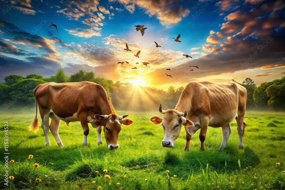 Three Cows Grazing Pasture Birds High Depth of Field Rural Scene Farm ...