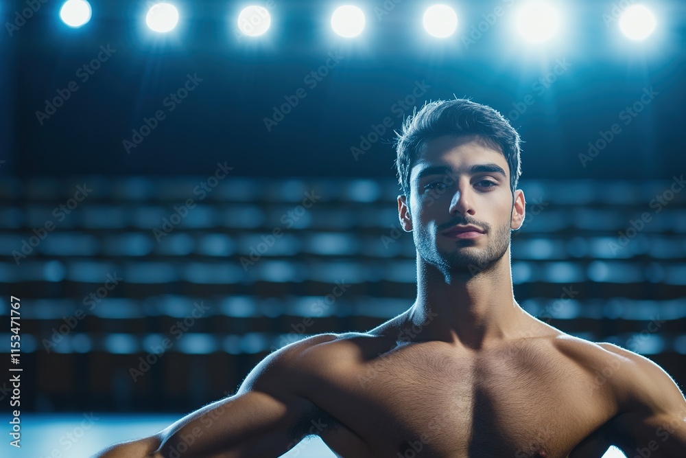 portrait of male ballet dancer in graceful pose on stage with softly ...