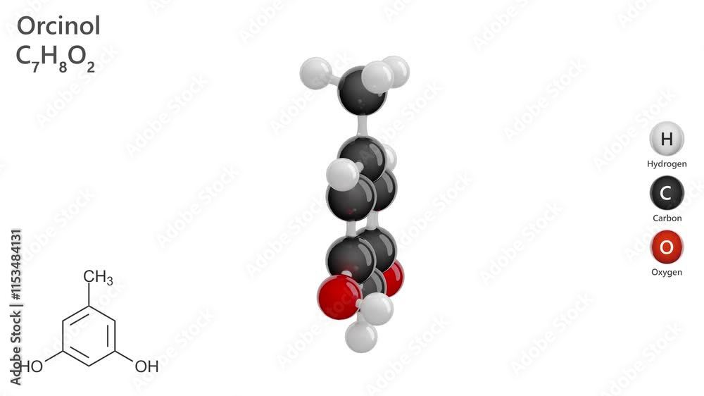 Orcinol. Reagent. Animated 3D model of a molecule. Molecular formula ...