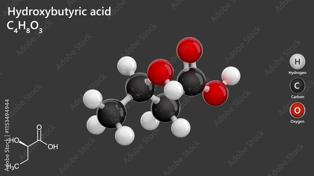 Alpha-hydroxybutyric acid (2-Hydroxybutyric Acid). Animated 3D model of ...