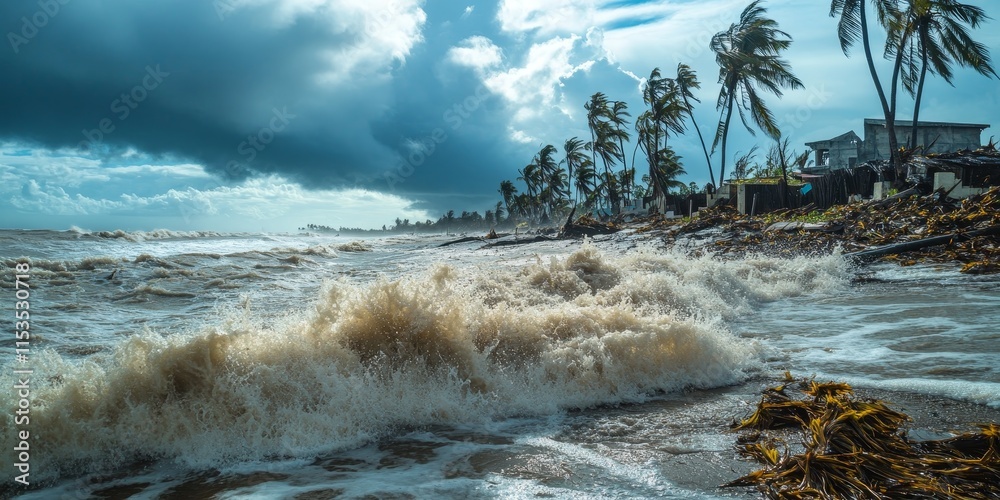 Storm surge tide phenomenon observed after a cyclone impact, showcasing the dramatic effects of ...