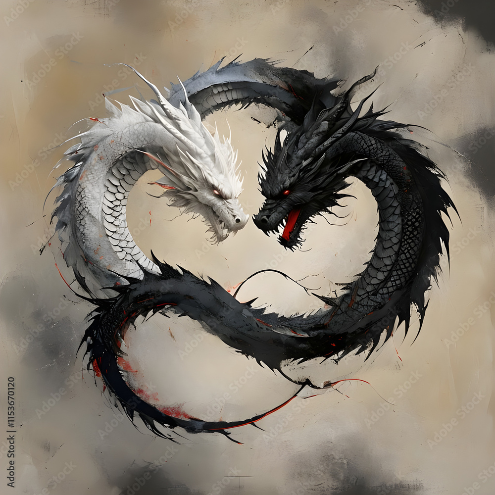 drago nero e drago bianco, con le fauci spalancate e le zanne affilate ...