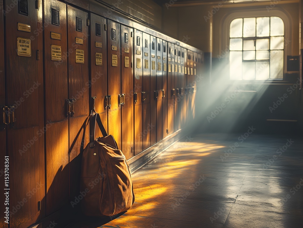 Vintage gym locker room with wooden lockers, brass handles, and name ...