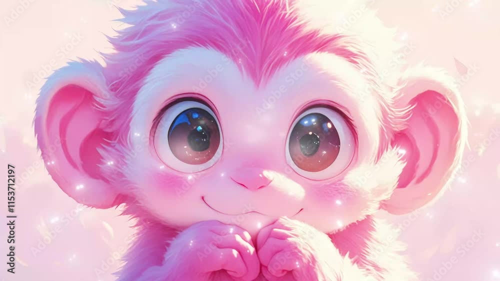 A cute pink monkey with big eyes displays playful curiosity. glitch ...