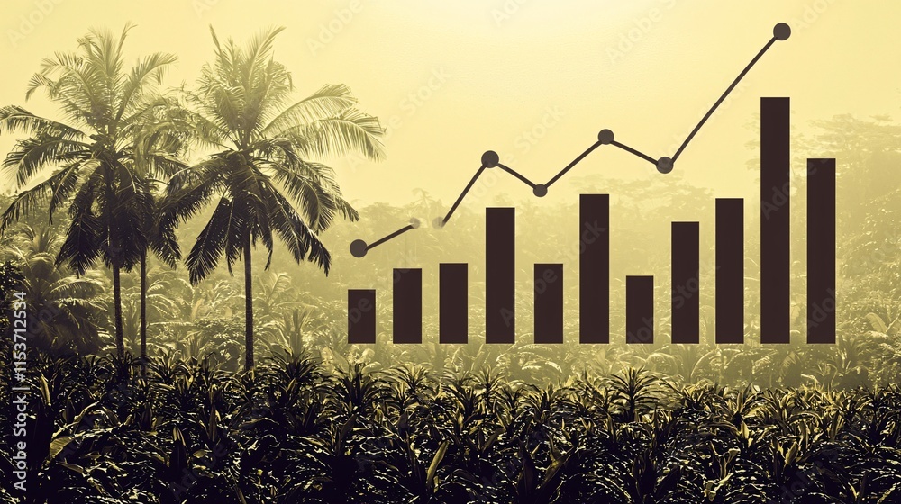 plantation under a scorching sun with an overlaid image of rising cocoa ...