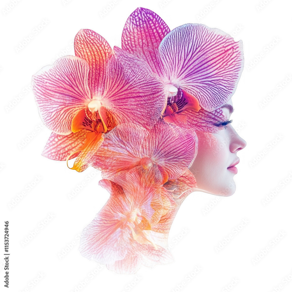 Double exposure profile portrait of a beautiful young woman morphing ...