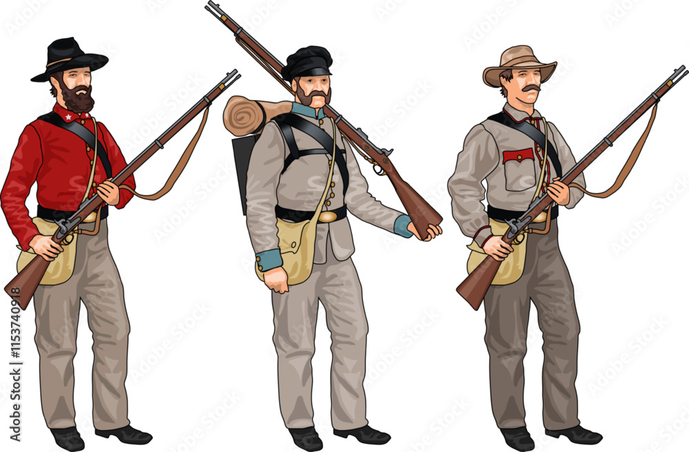 Set of Three Soldiers in Uniforms and with Rifles from American Civil ...
