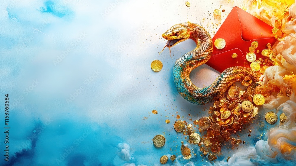 Snake wrapped around a red envelope bursting with gold coins Stock ...
