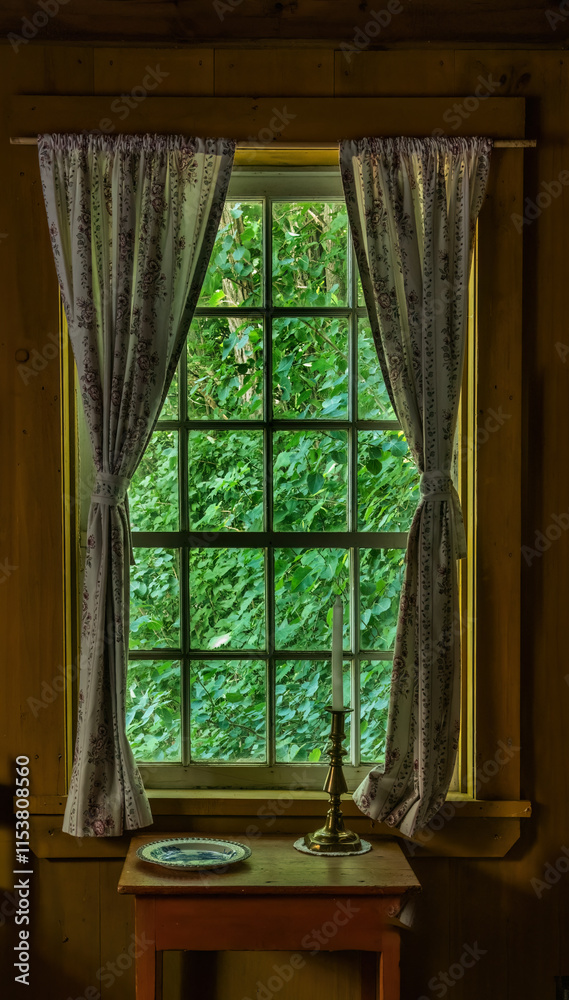 window and table from old log building Stock Photo | Adobe Stock