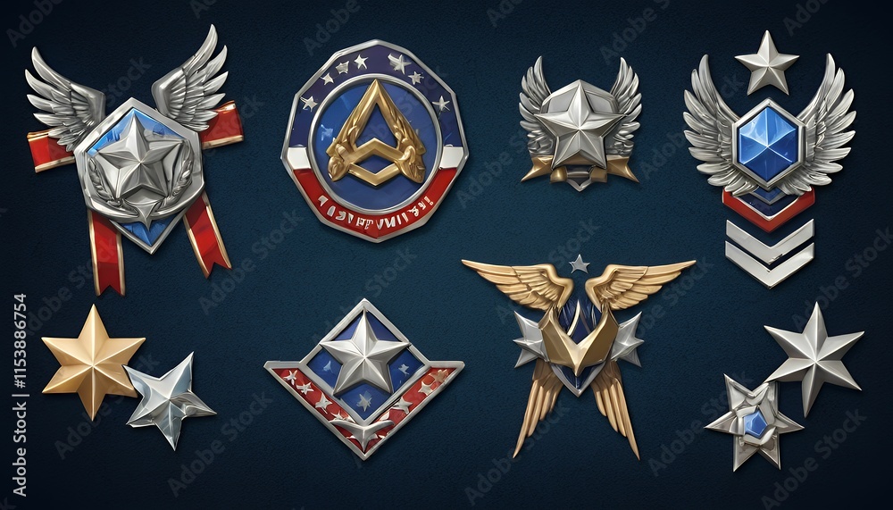 Set of military game rank badges isolated on background. Cartoon ...