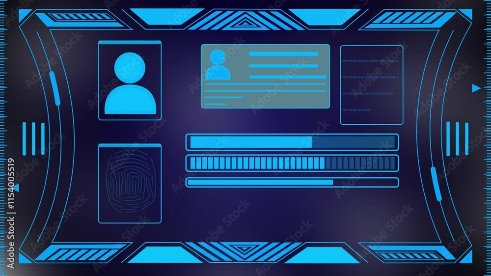 Abstract neon HUD frame, with face and fingerprint check, and ID card ...