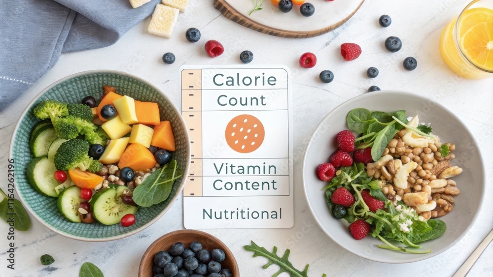 Bowls of fresh colorful salads, fruits, nuts, and a nutritional ...