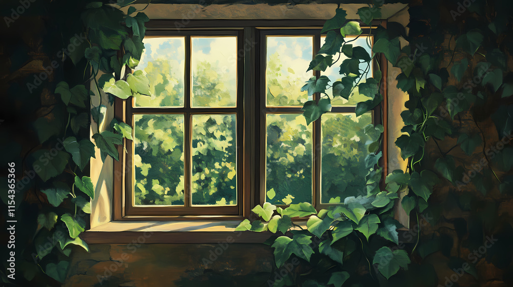 A painting depicts ivy cascading from the window sill onto the window ...