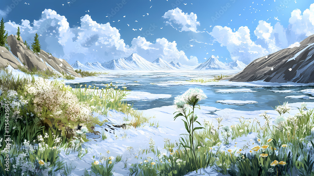Artistic depiction of a tundra ecosystem, including permafrost, low ...