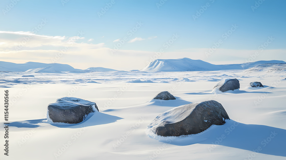 Photo A breathtaking snowy tundra landscape with sparse boulders and ...