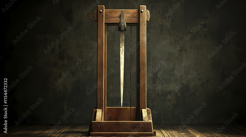 Guillotine, a historical execution device with sharp blade, associated ...