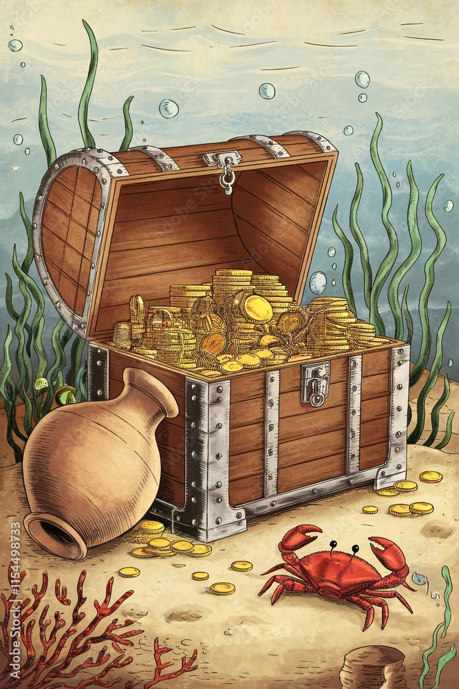 A treasure chest overflowing with gold coins rests on a sandy beach ...