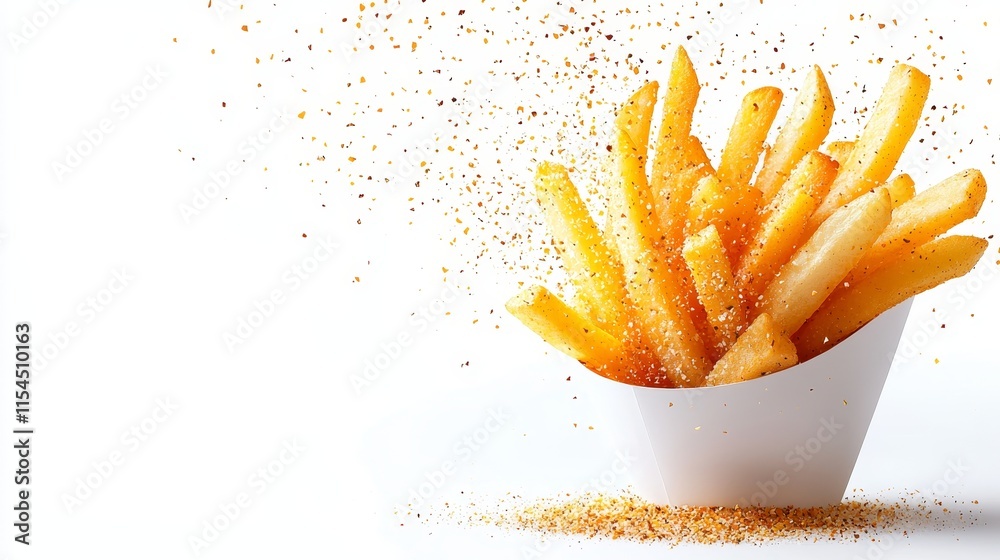 Crispy potato fries in vibrant mid-air explosion, isolated on white ...