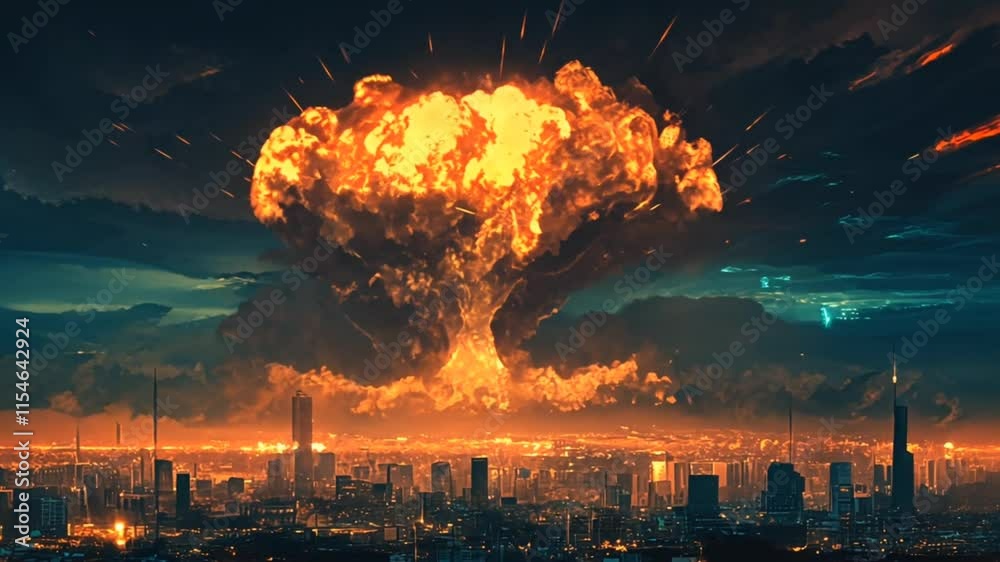 Nuclear proliferation and nuclear diplomacy. Huge nuclear bomb explosion with a mushroom cloud ...
