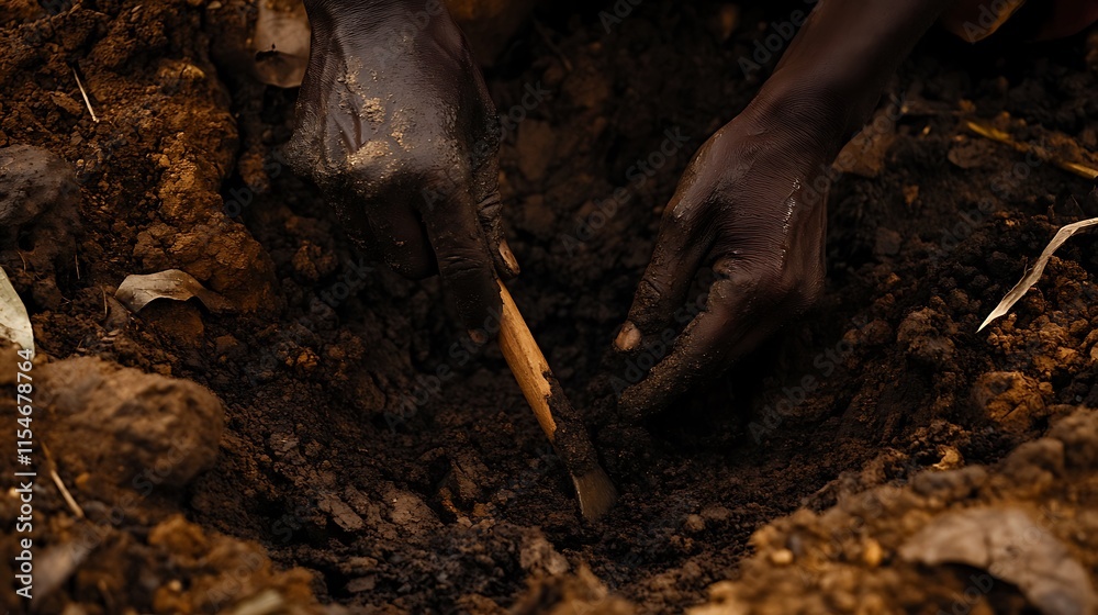 17. A close-up of hands digging into the soil with a small shovel ...