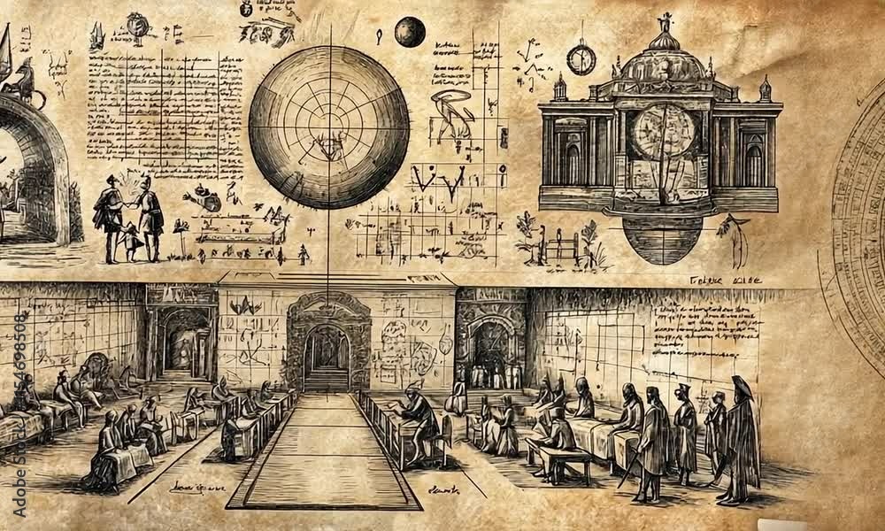 Ancient Manuscript Illustration Depicting Architectural Concepts ...