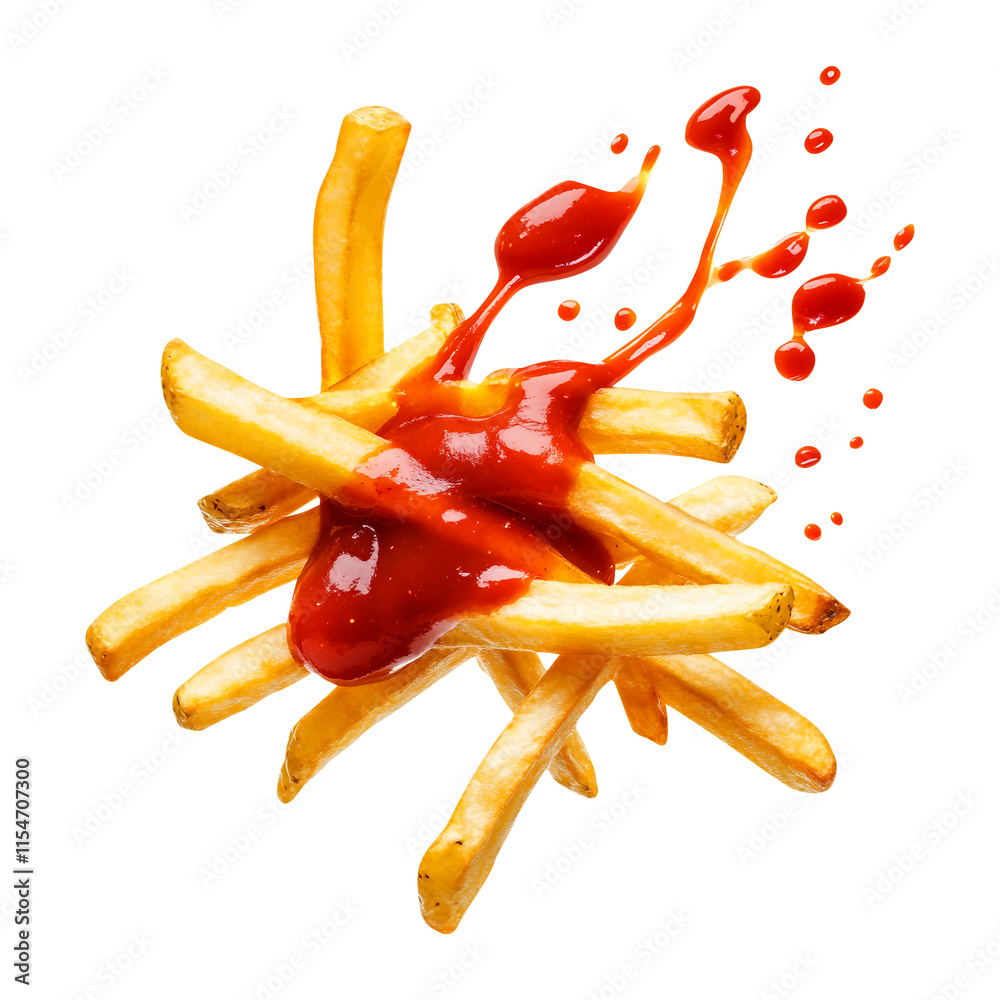 flaying french fries with ketchup splash isolated on transparent ...