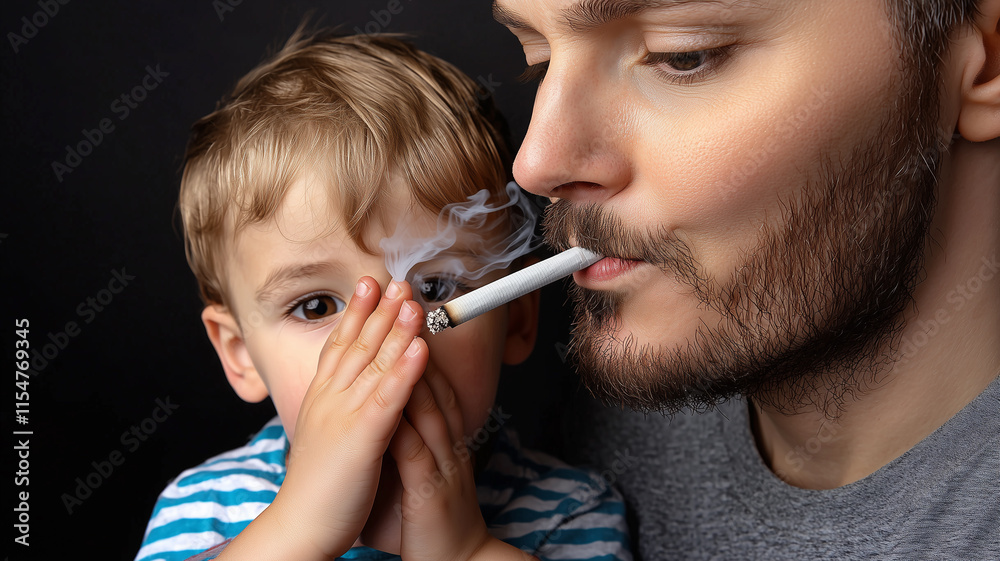 Father smoking near his kid. Unhappy child covers his nose from bad ...