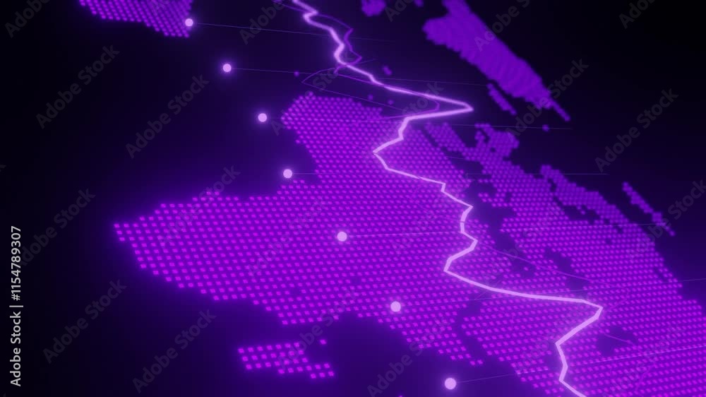 Digital purple world map with glowing points and upward graph line ...