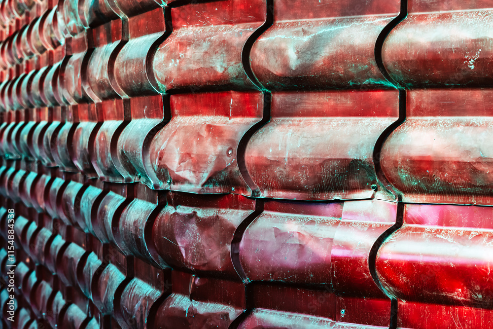 Fotka „Artistic of old red metal tile fence background. Fence from ...