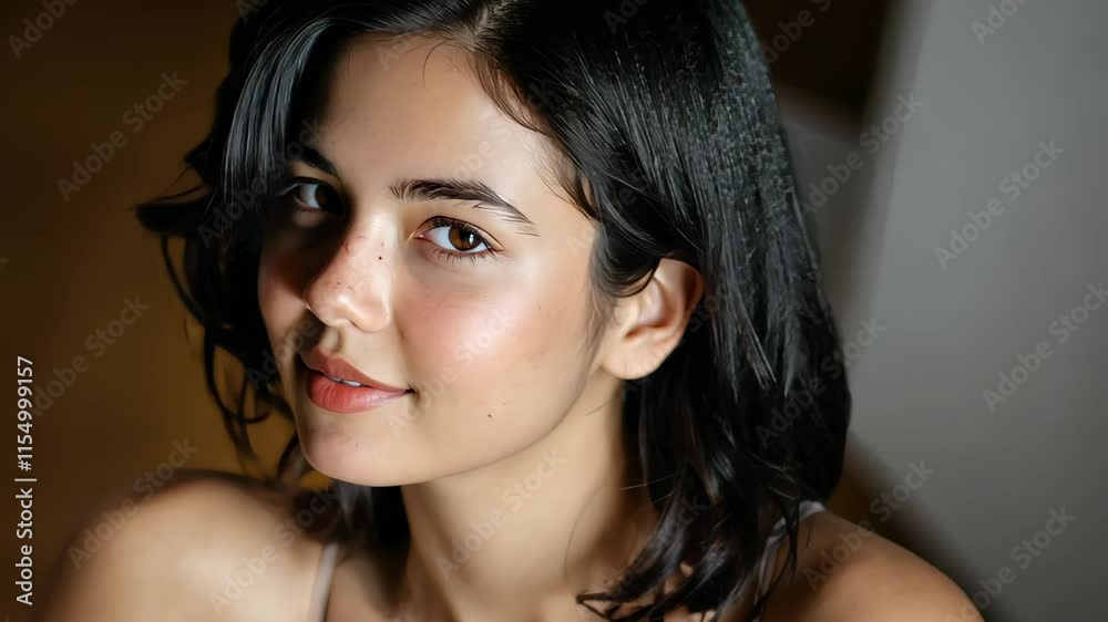 Captivating Gaze: A close-up portrait of a woman with a radiant smile ...