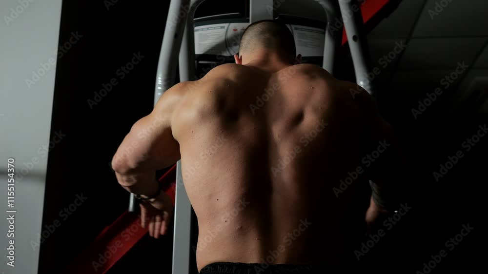 The silhouette of a muscular man with huge muscles performing strength ...