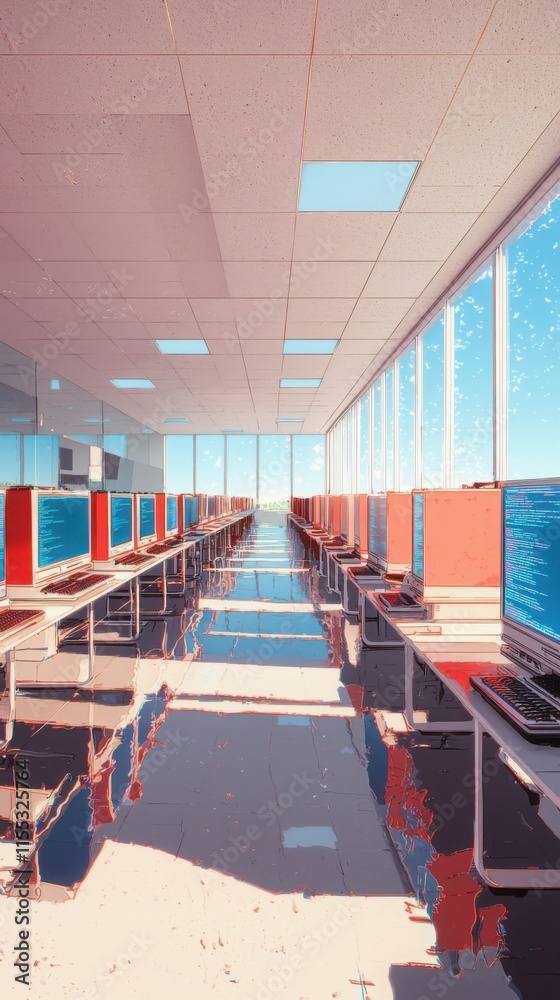 Students engaged in coding class computer lab digital art vibrant ...