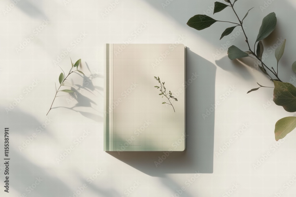 Minimalist planner mock up with subtle grid lines and leaves on a light ...