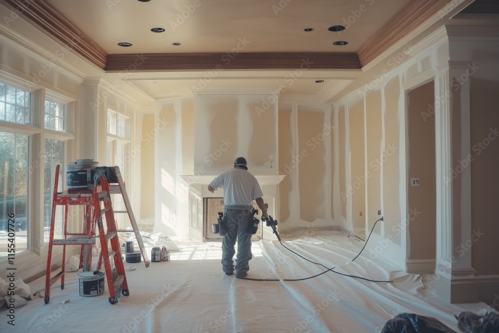 A work in progress on an interior paint job, filled with tools and ...