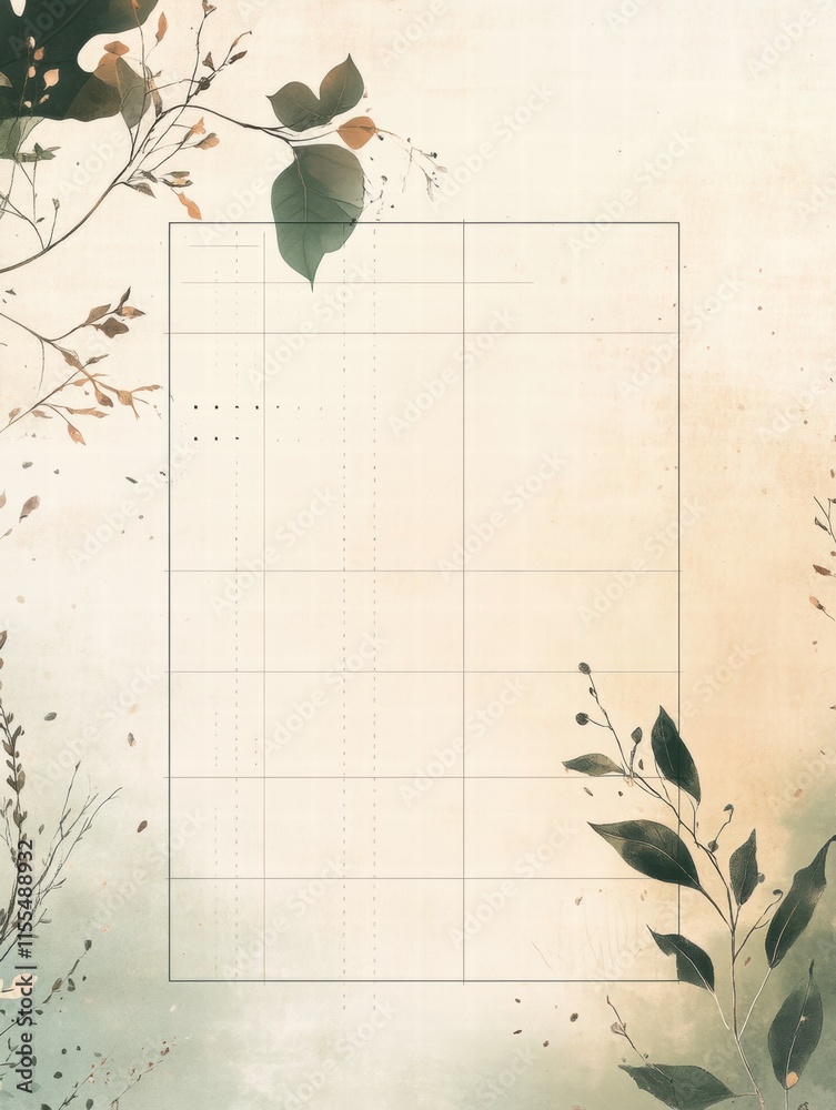 Minimalist planner layout with subtle grid lines and botanical elements ...