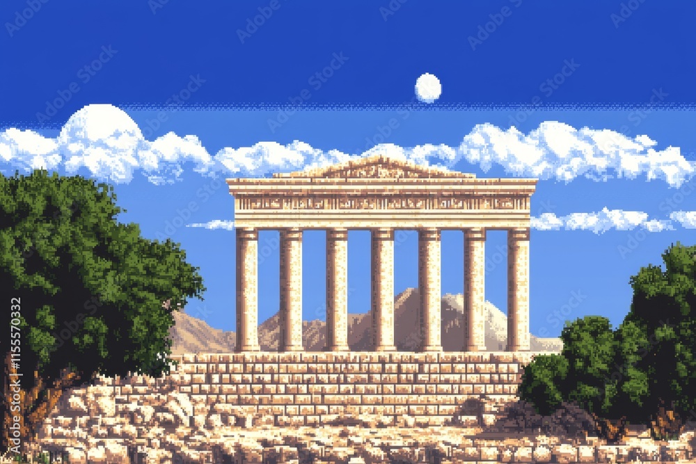 A pixel art timeline of history with iconic moments like ancient ...