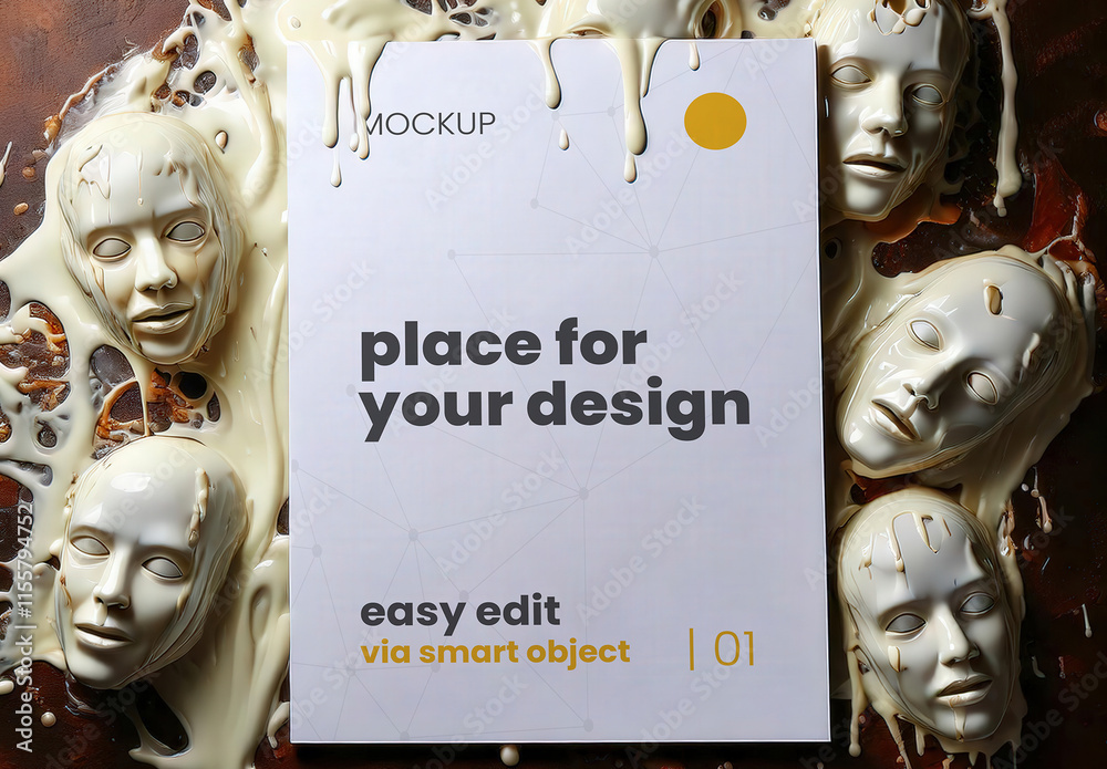 Vertical Poster Page Sign Mockup with White Melted Wax Sculpture Faces ...