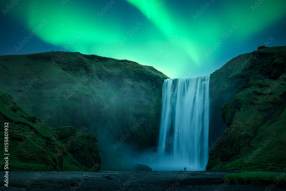 Aurora Borealis over famous Skogafoss waterfall on Skoga river, Iceland ...