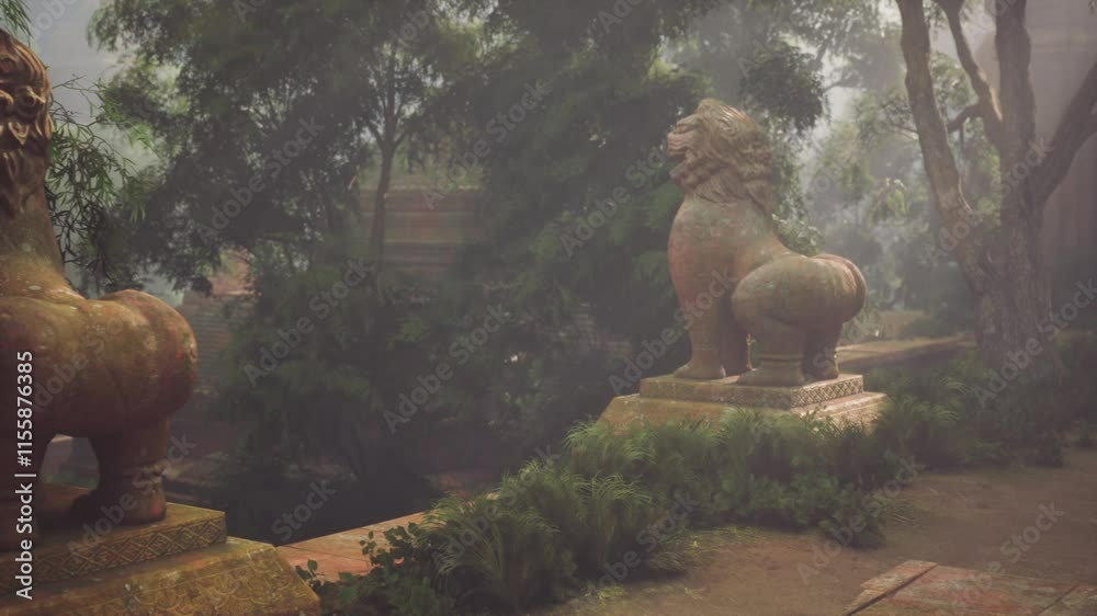 Two regal stone lion guardians watch over an ancient Vietnamese temple ...