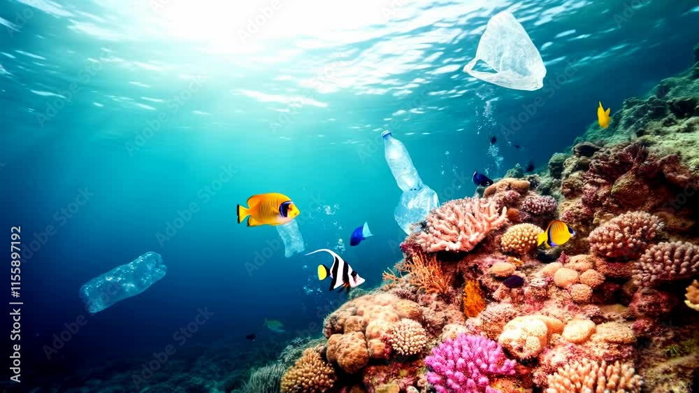 Plastic waste, colorful fish and coral reef in polluted ocean ...