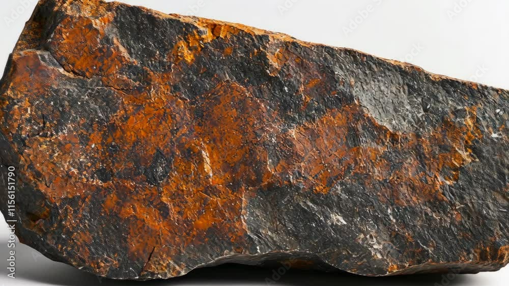 Unique specimen of iron-rich rock with orange oxidation patterns ...