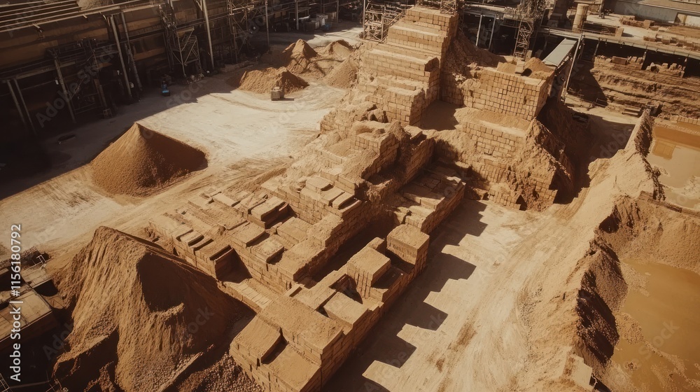 Aerial view of a brick-making factory, large piles of clay and sand ...