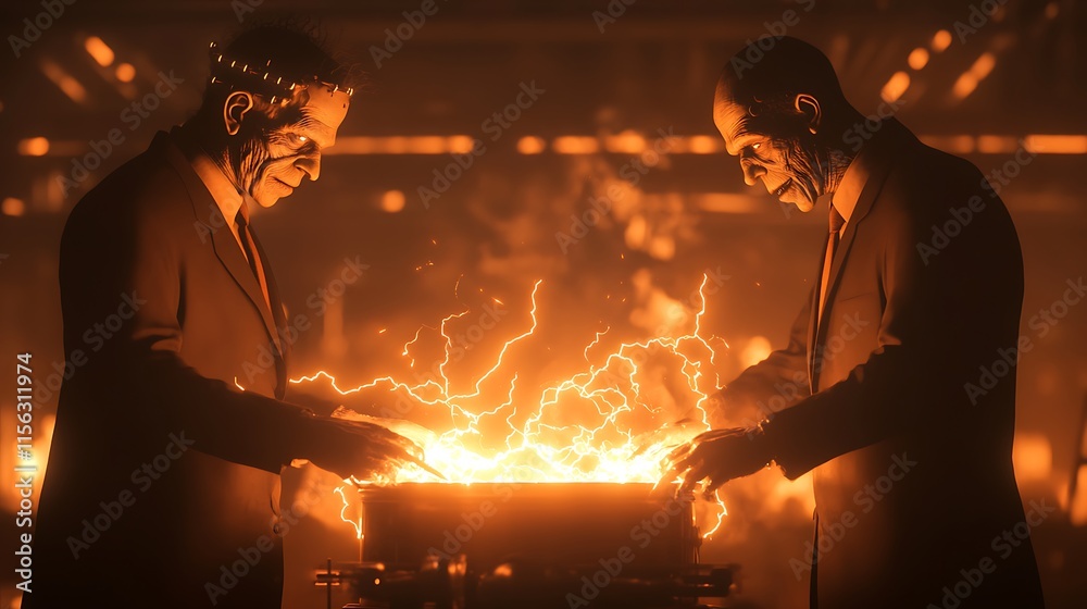 Dramatic 3D Scene of Two Scientists Conducting Experiments with ...