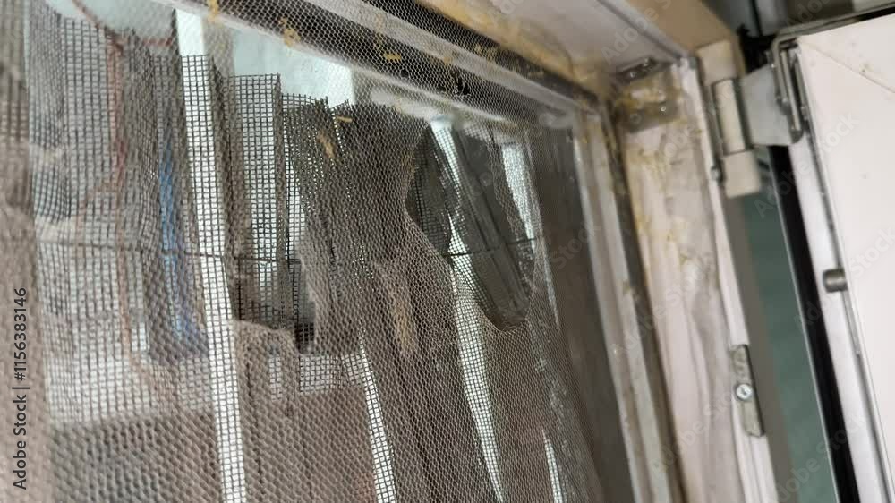 Broken teared damaged old net window mesh metal texture pattern dusty ...