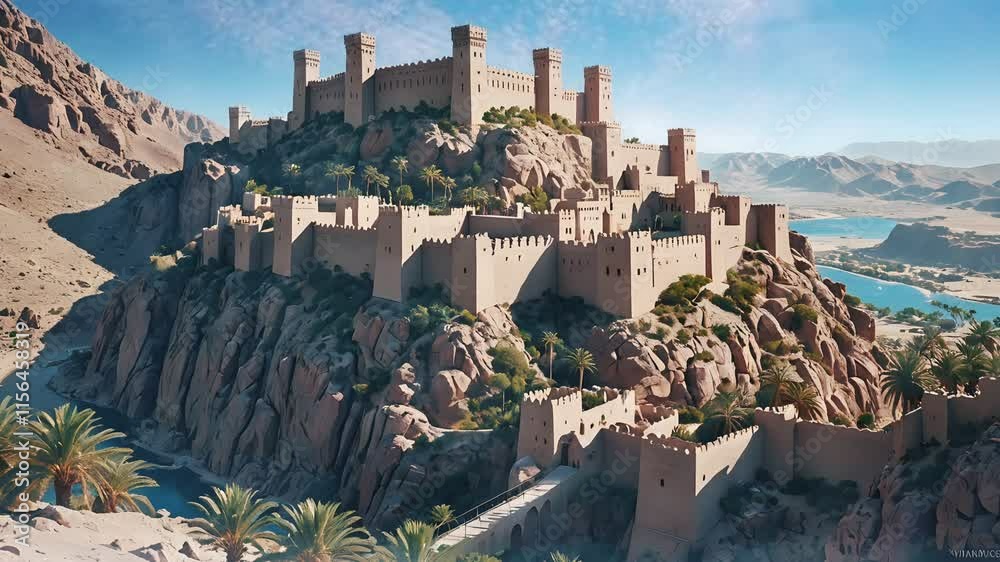 Majestic desert castle by turquoise oasis surrounded by palm trees and ...