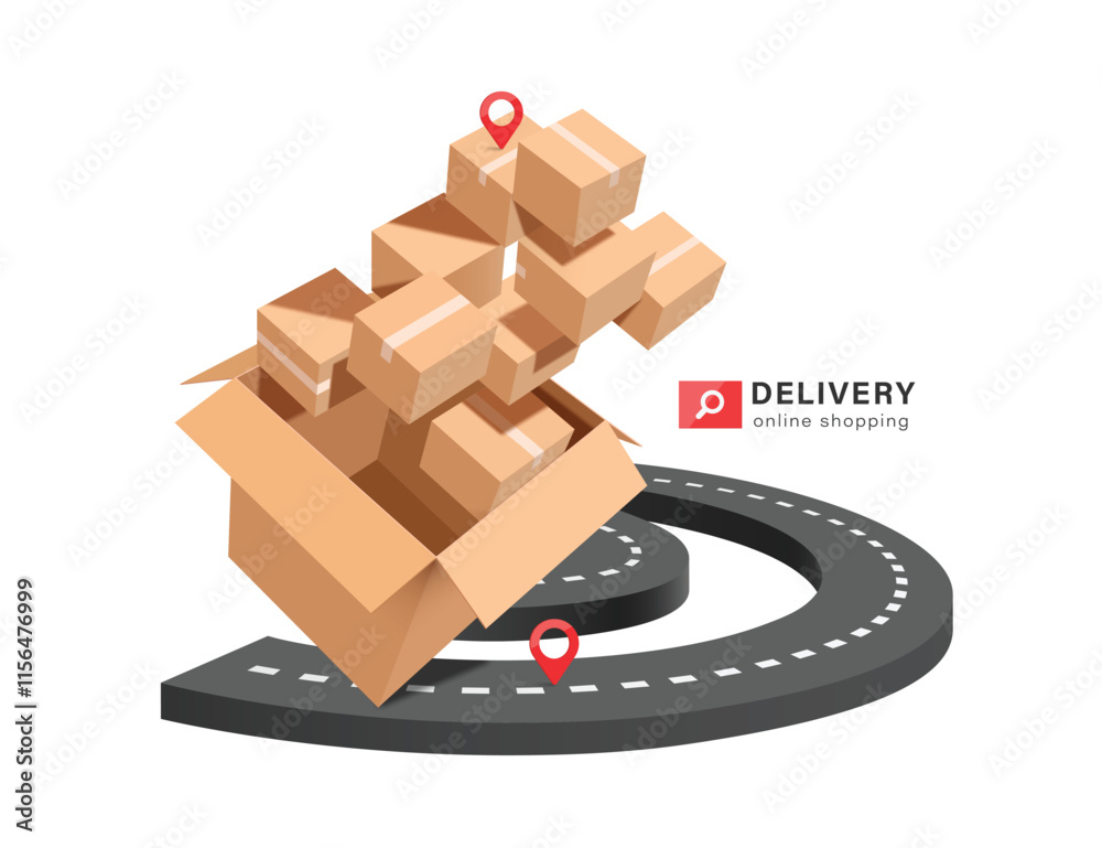 Parcel box or cardboard box place on curved road or way, waiting for ...