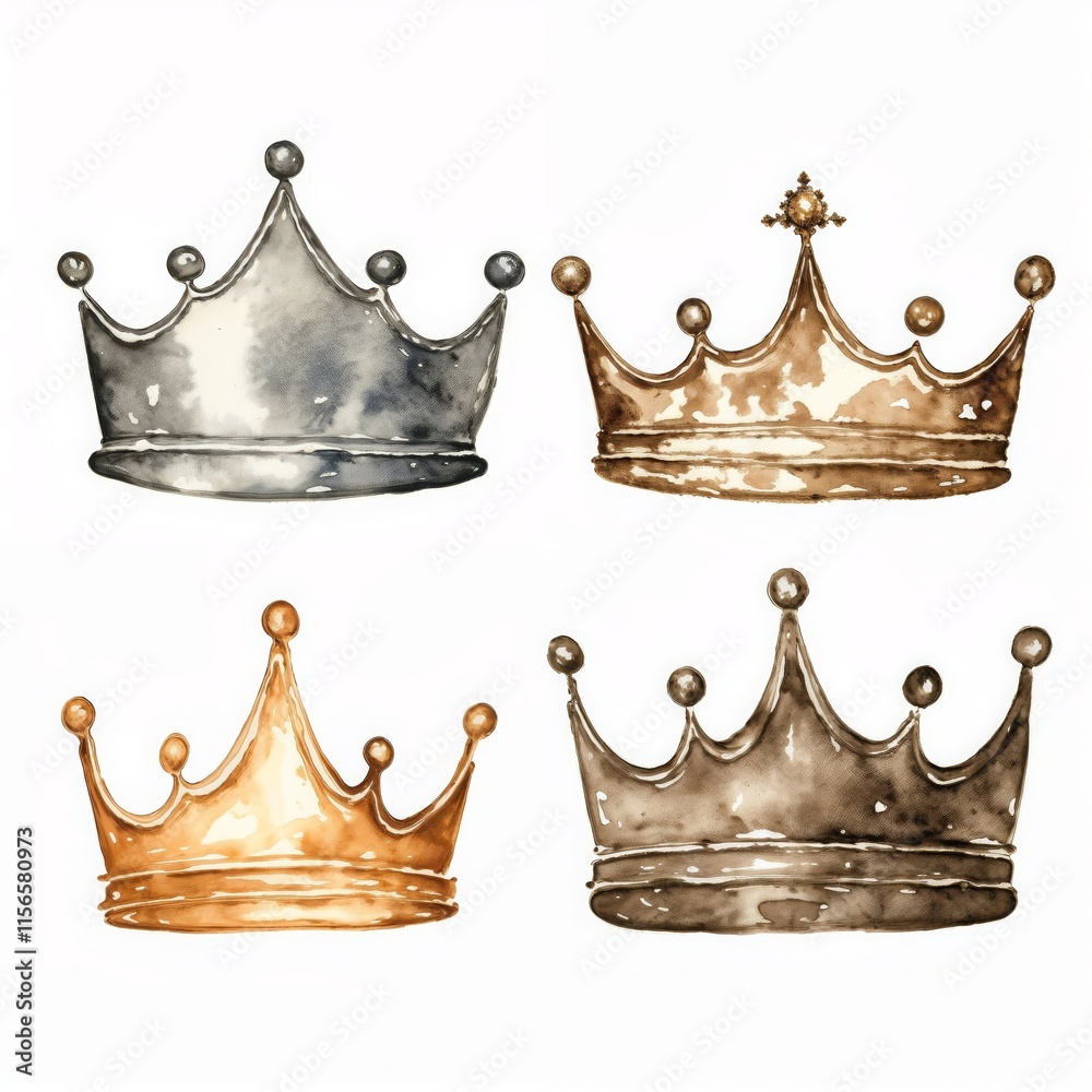 Four watercolor crowns in different colors arranged in a square ...
