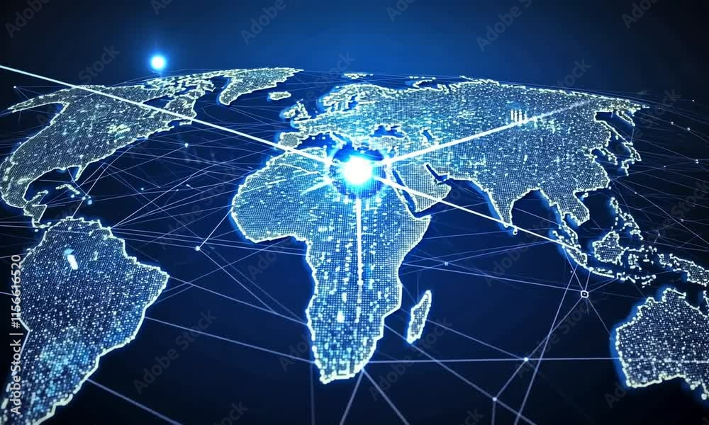 A digital representation of a connected world map with glowing data ...